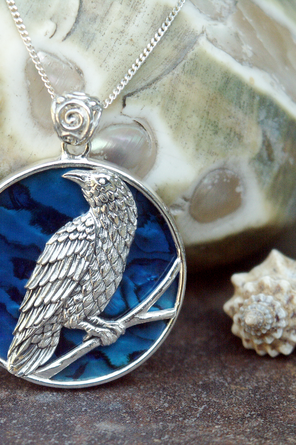 Sterling Silver Raven Pendant with Shell – Silver Raven Necklace