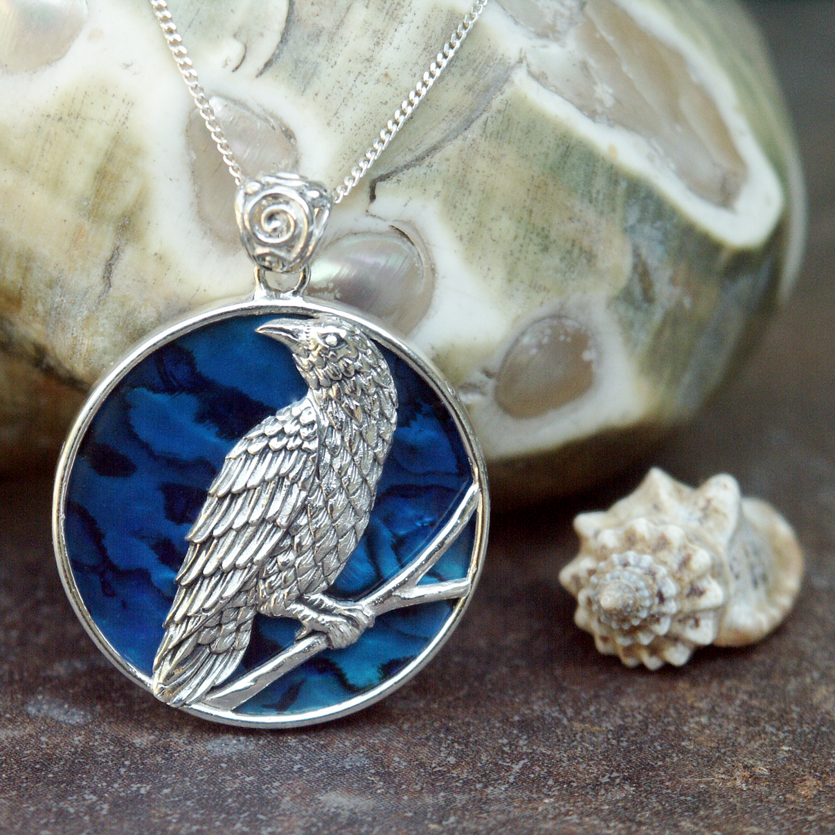 Sterling Silver Raven Pendant with Shell – Silver Raven Necklace