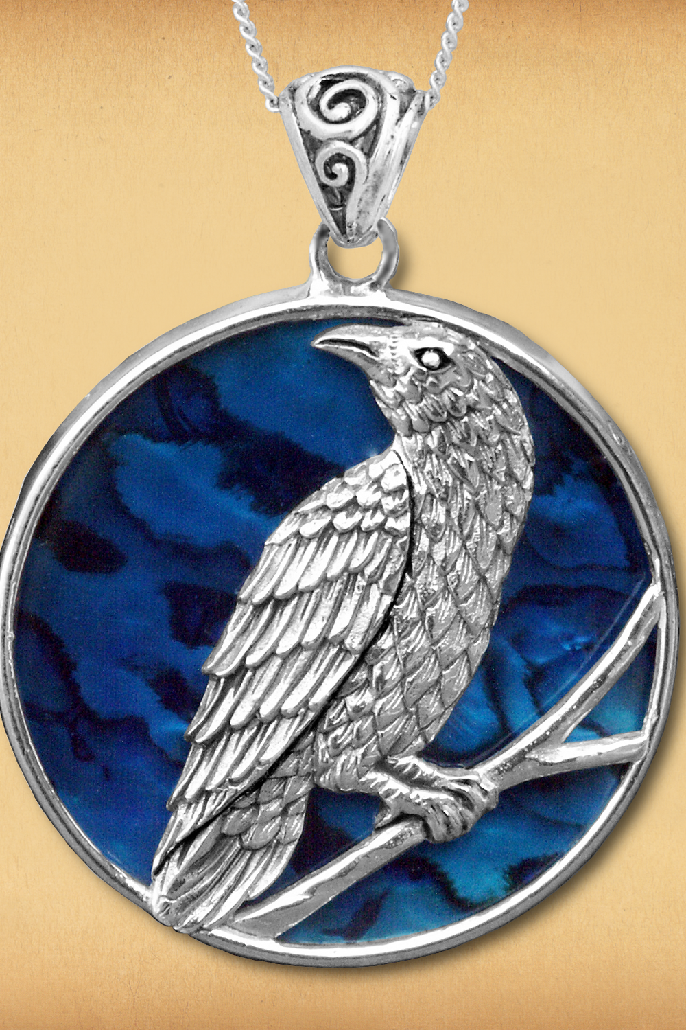 Sterling Silver Raven Pendant with Shell – Silver Raven Necklace