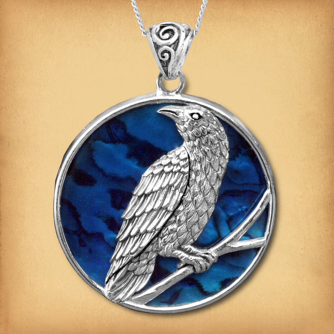 Sterling Silver Raven Pendant with Shell – Silver Raven Necklace