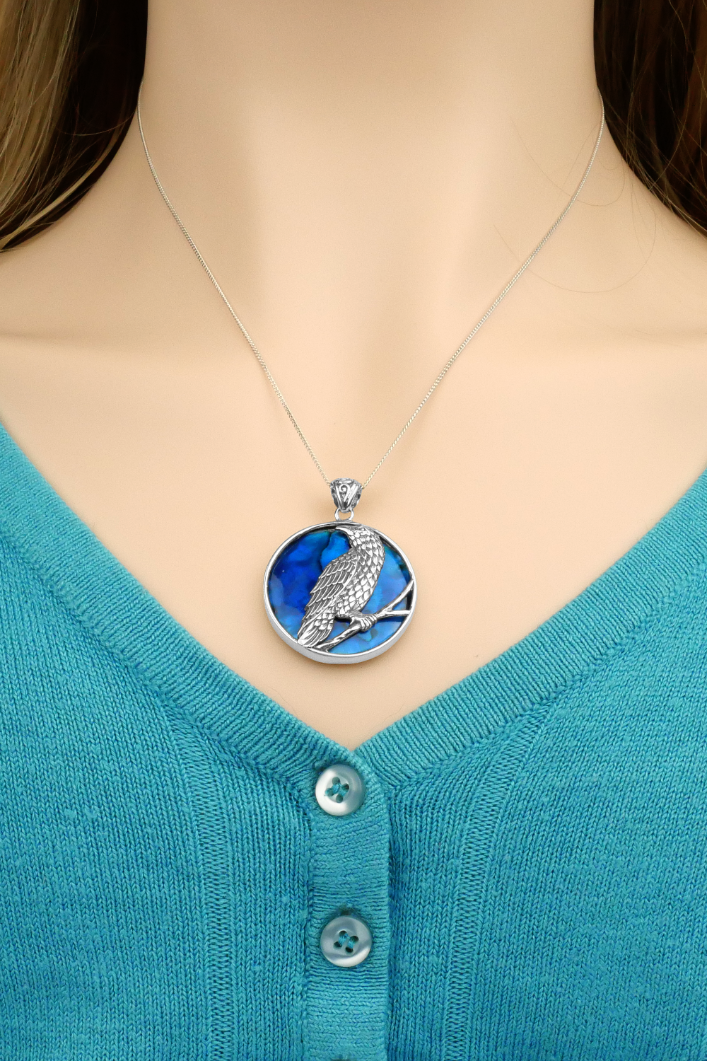 Sterling Silver Raven Pendant with Shell – Silver Raven Necklace