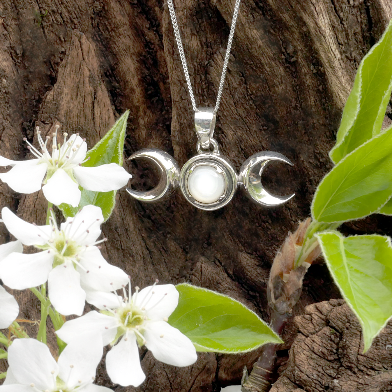 Sterling Silver Triple Moon Pendant with Mother of Pearl